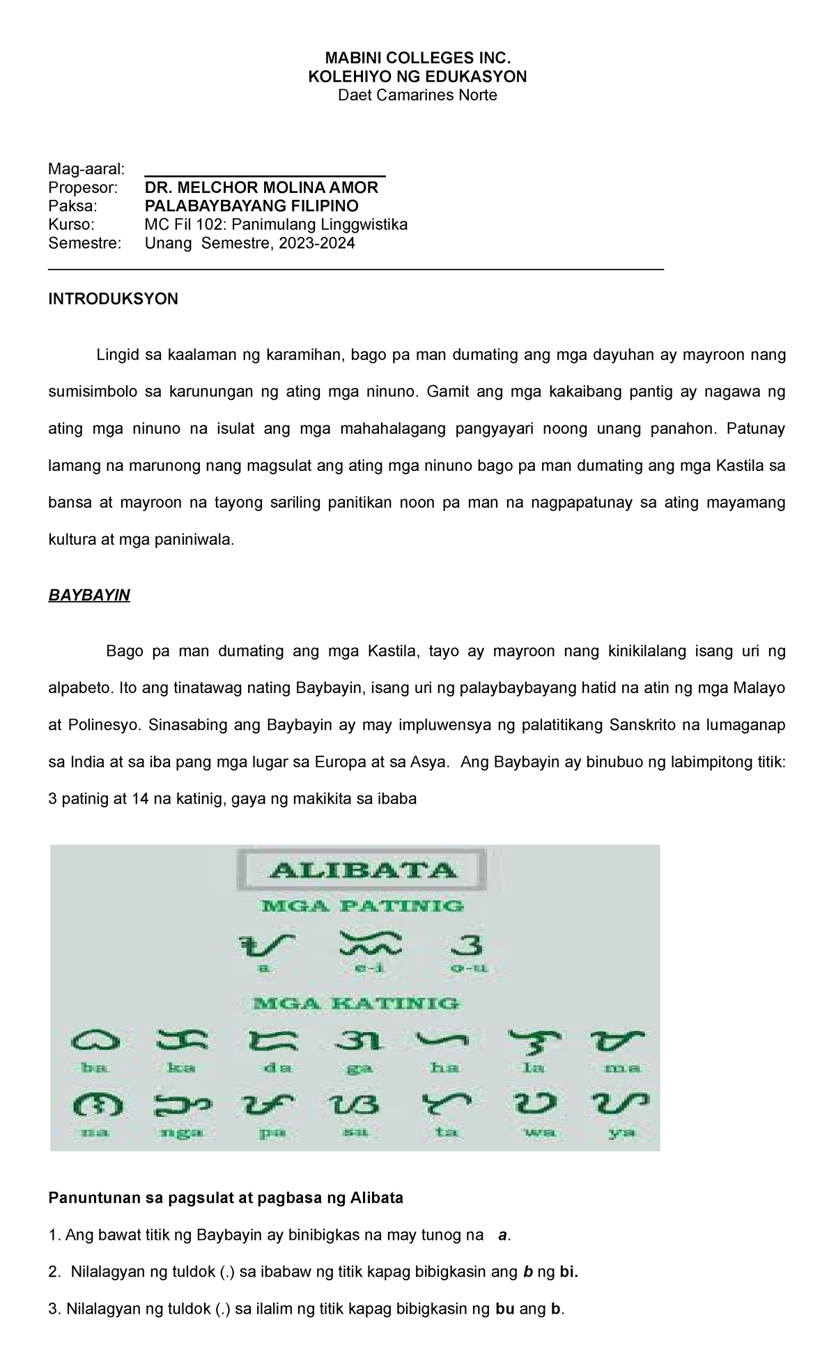 Ang Alibata o Baybayin - MABINI COLLEGES INC. KOLEHIYO NG EDUKASYON ...
