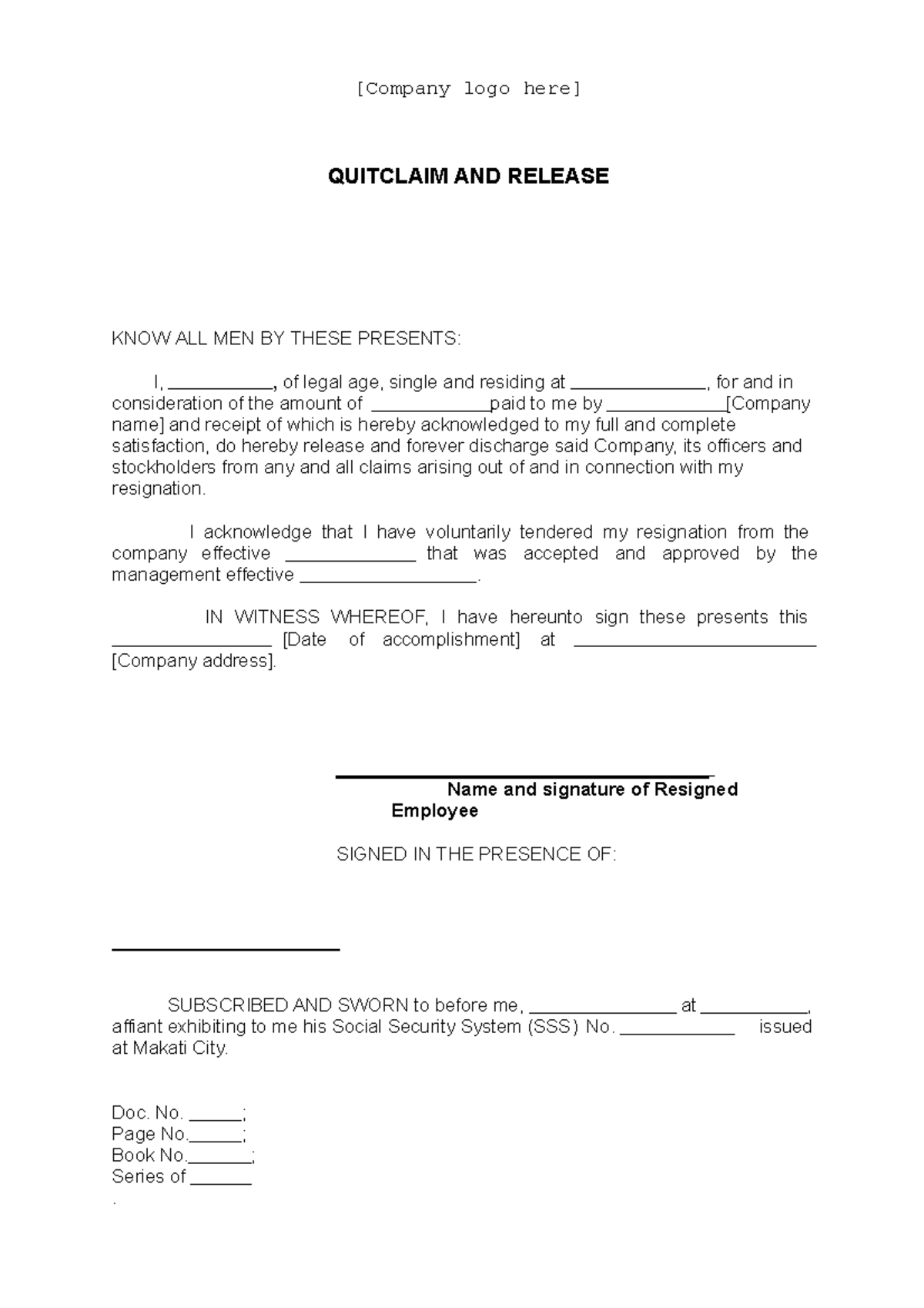 Quitclaim and Release Form Template - [Company logo here] QUITCLAIM AND RELEASE KNOW ALL MEN BY ...