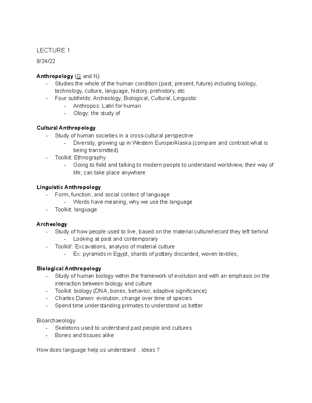 Anth 111 Lecture Notes For Lectures 1 9 Discusses An Intro To