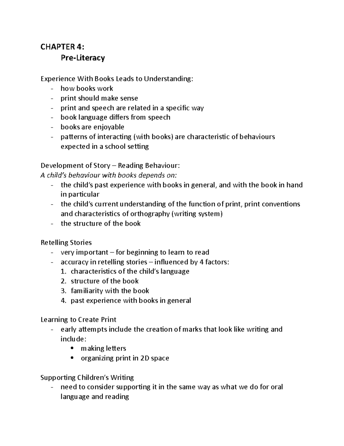 Chapter 4 - lecture notes - CHAPTER 4: Pre-Literacy Experience With ...
