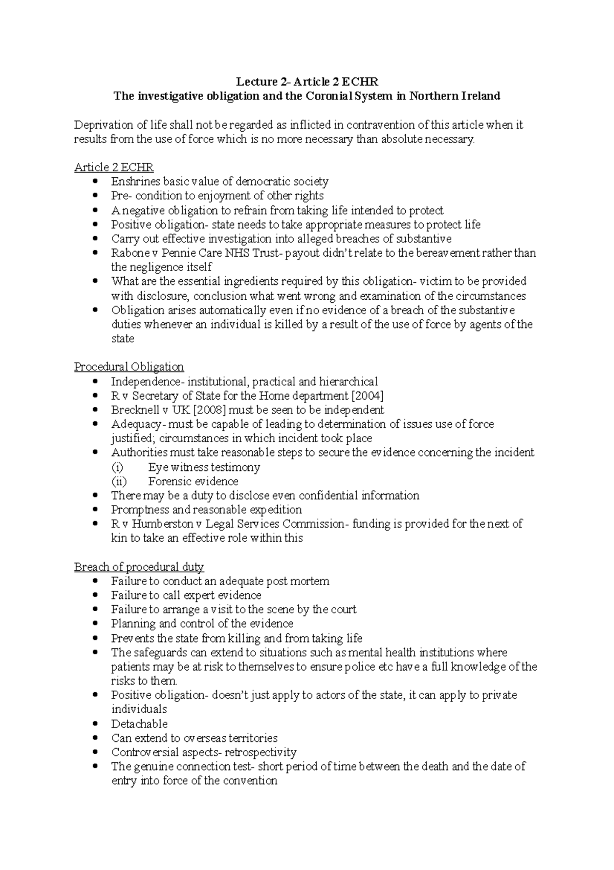 Lecture 2 - QUB Law IPLS trainee Solicitor - Lecture 2- Article 2 ECHR ...