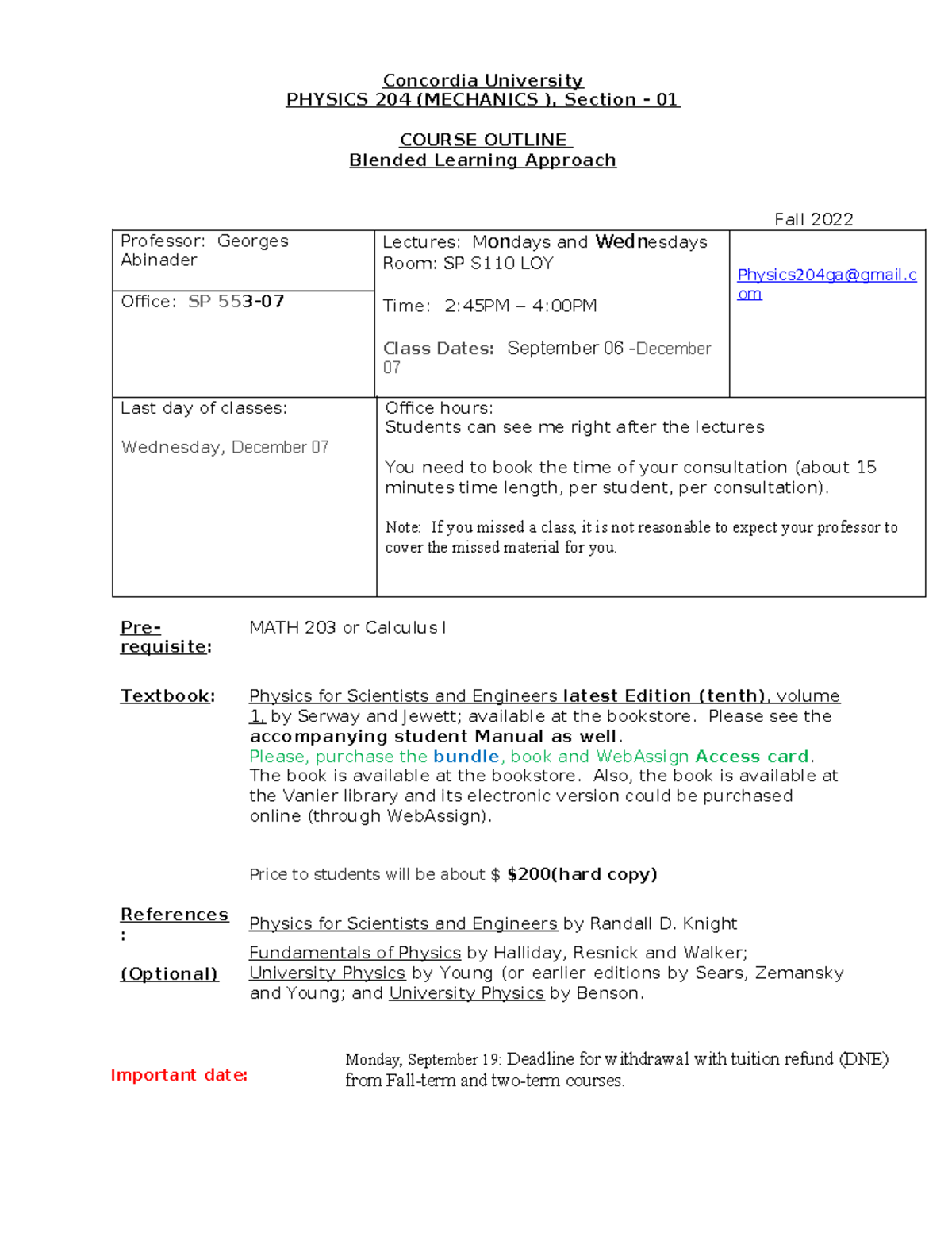 1 - PHYS 204 - Course outline - Fall 2022-section- 01 - Concordia ...