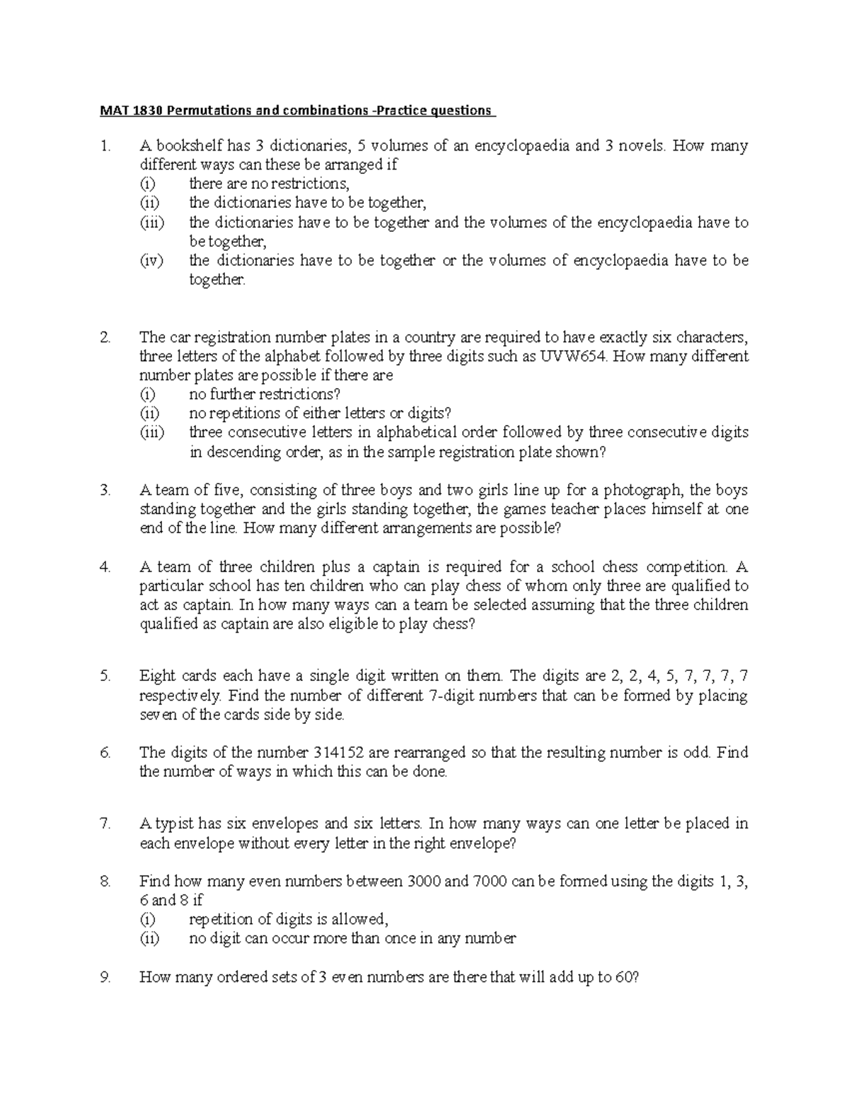 Selections Arrangements Practice questions - MAT 1830 Permutations and ...