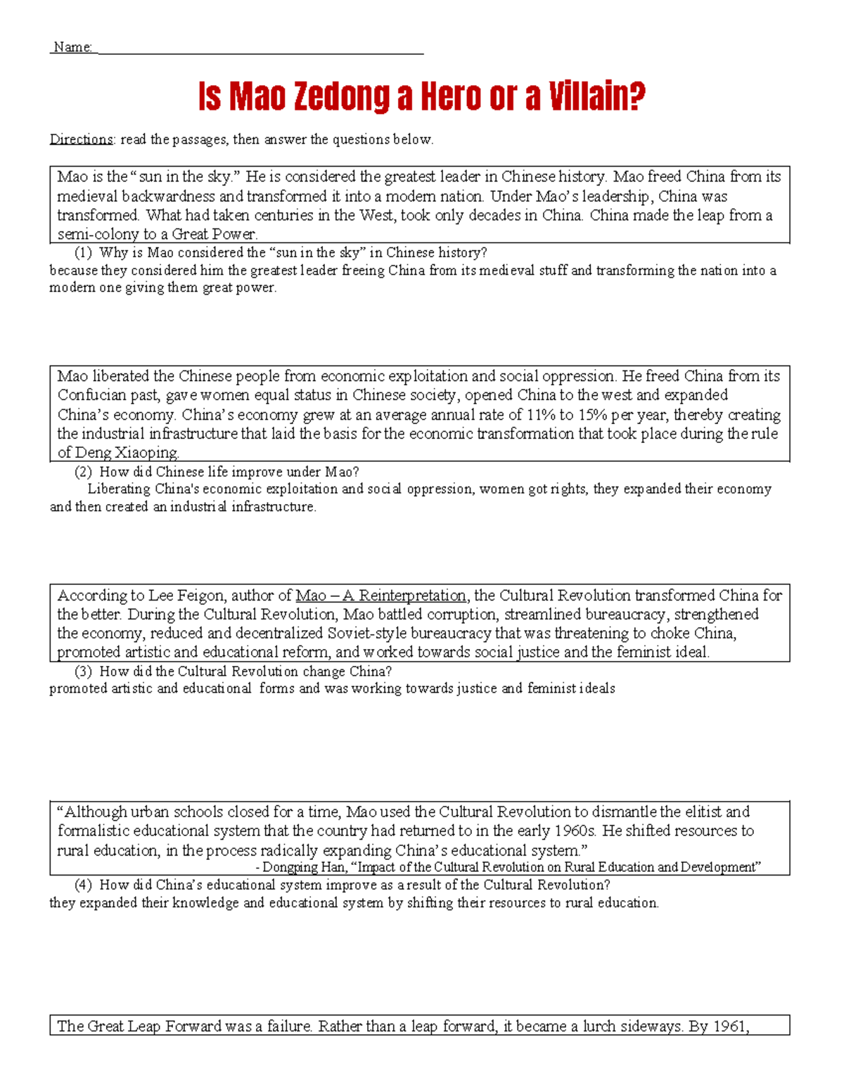 Copy of 02 - Mao Zedong Villain or Hero - Name