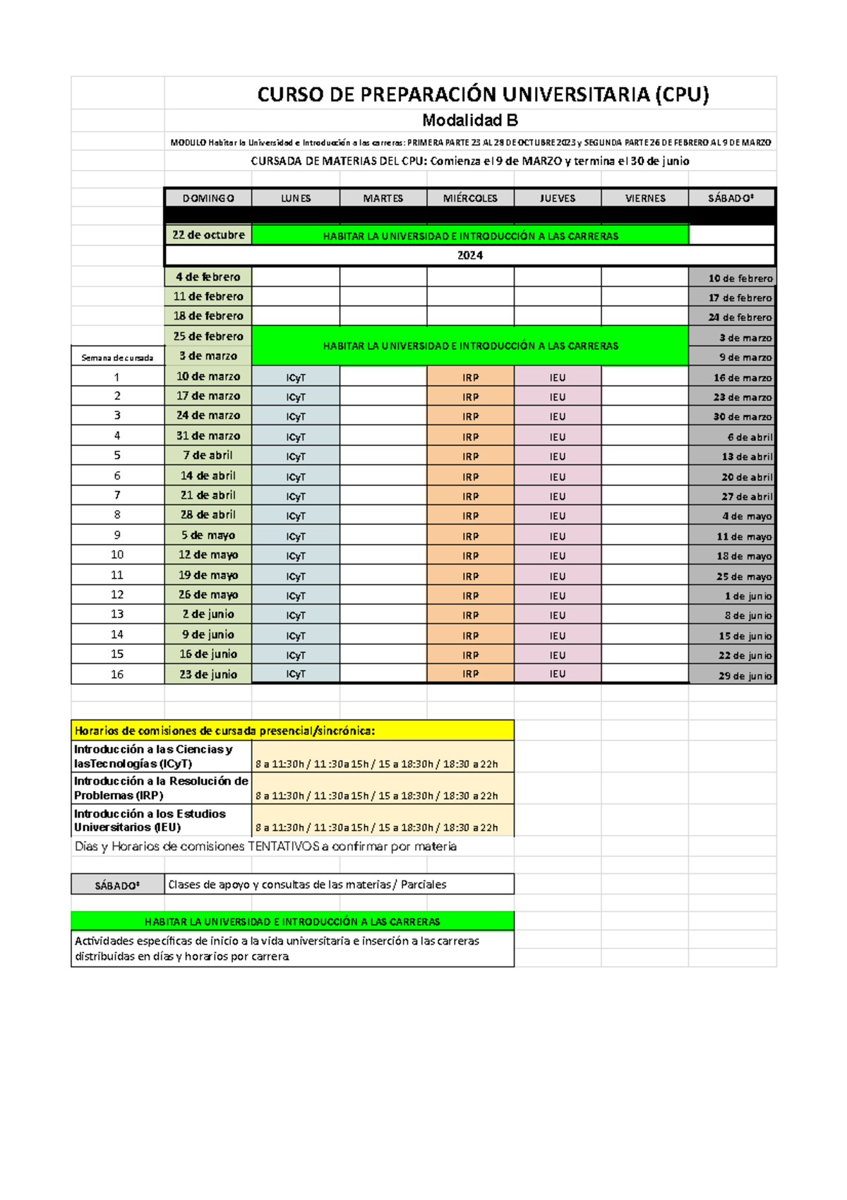 Cronograma Tentativo de CPU Modalidad B 2024 - CURSO DE PREPARACIÓN UNIVERSITARIA (CPU ...