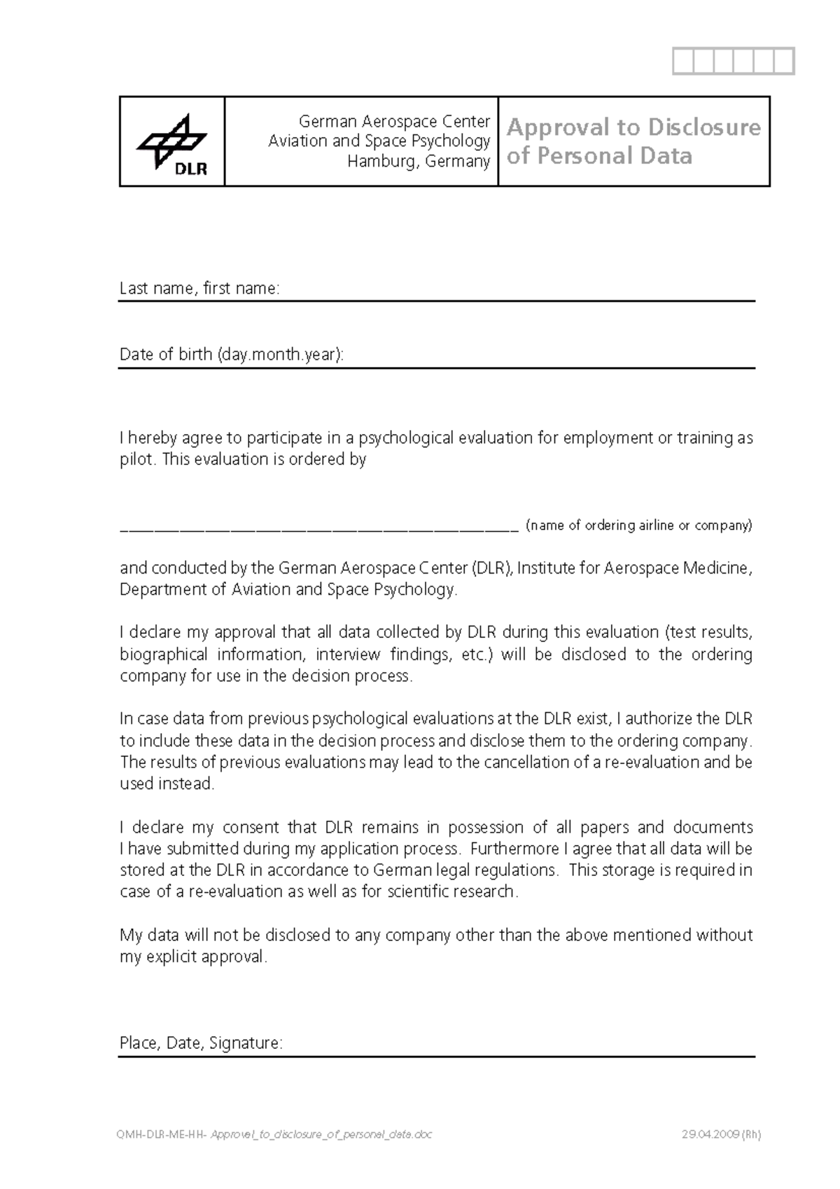 DOK-Approval to Disclosure of Personal Data - German Aerospace Center ...