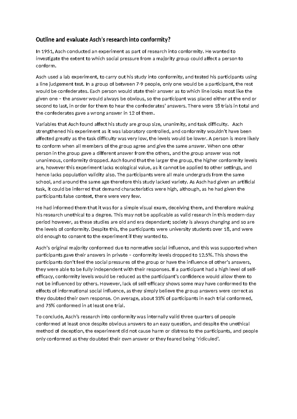 Outline and evaluate Asch's research into conformity (16 marks ...