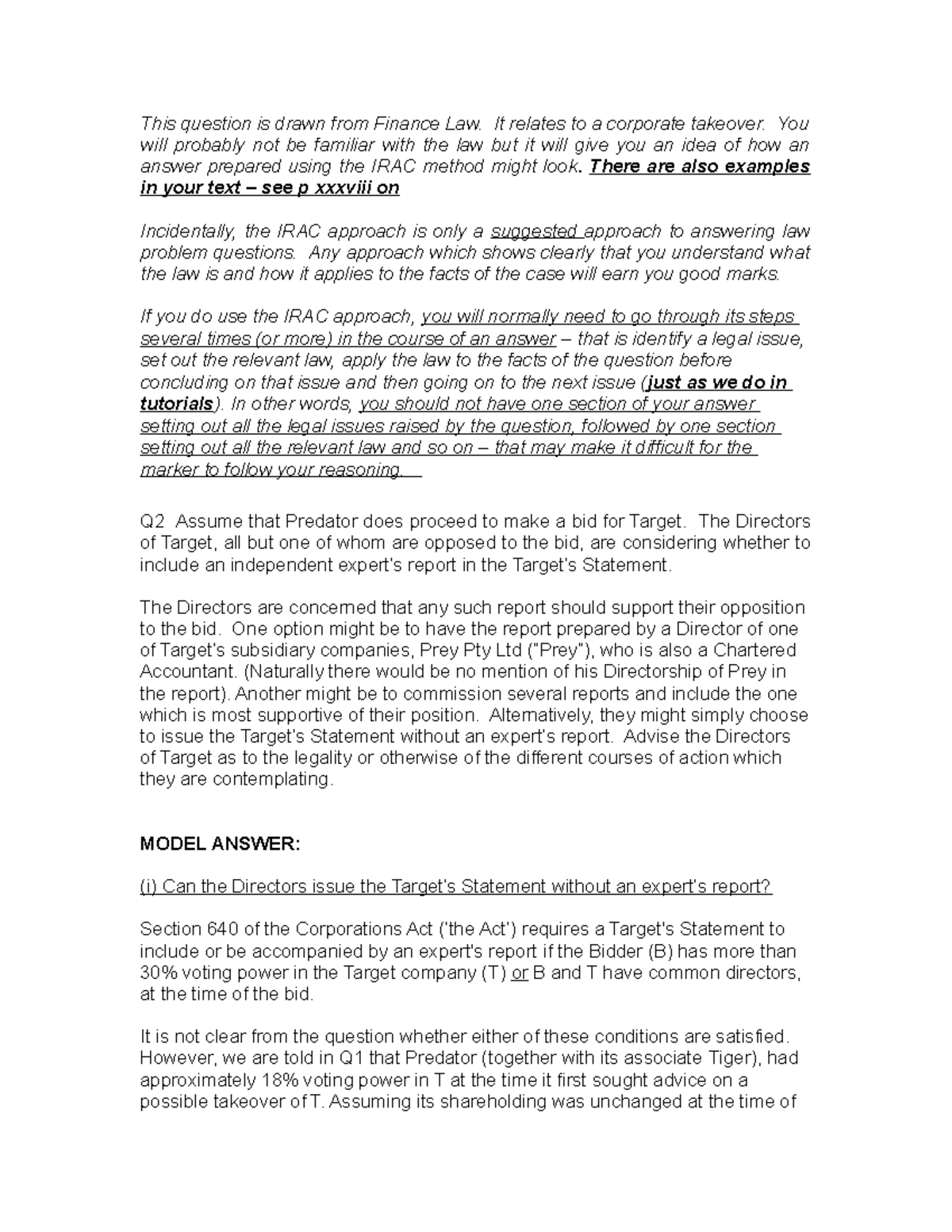 Model Answer - This question is drawn from Finance Law. It relates to a ...