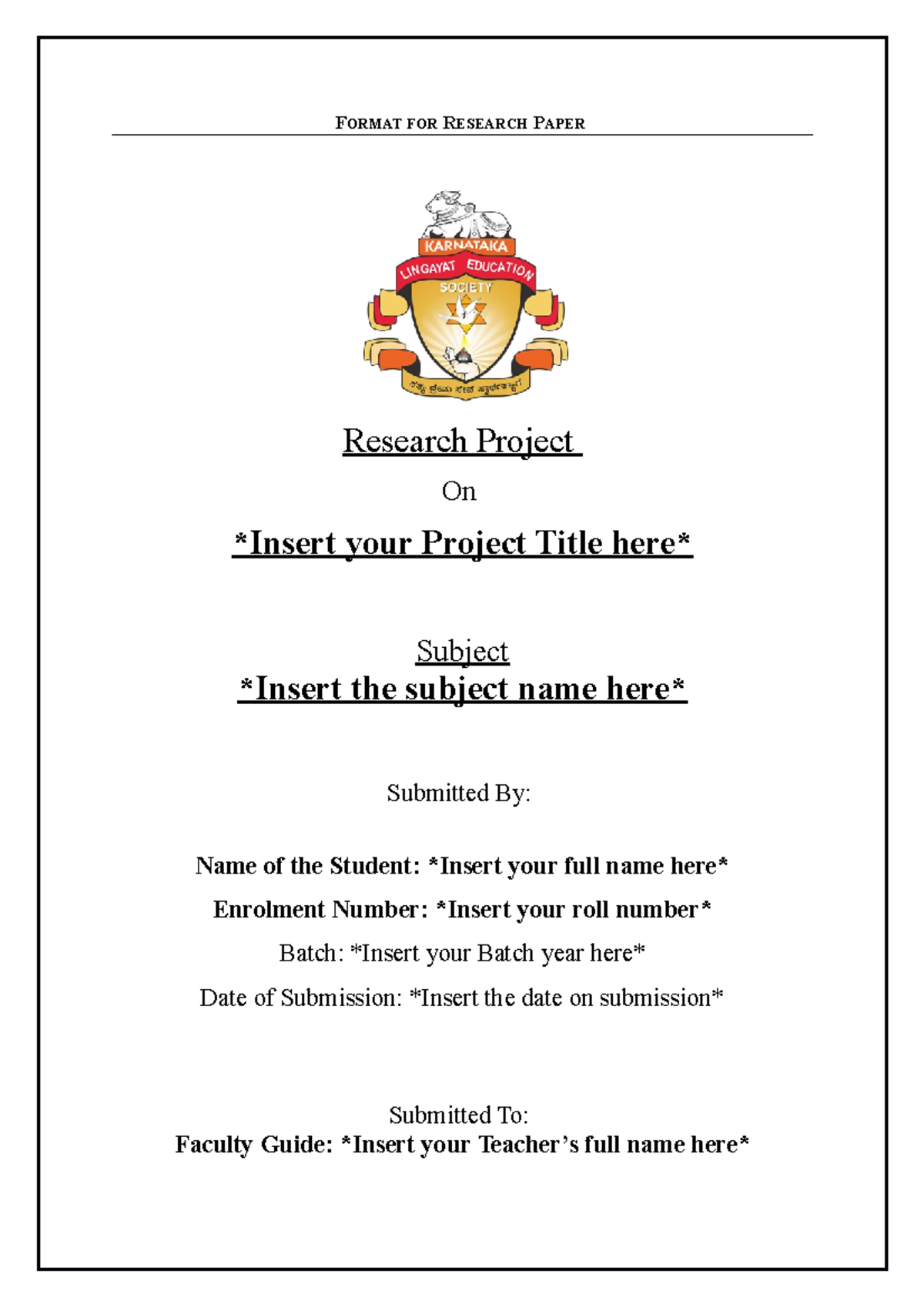 Format for Research Paper - FORMAT FOR RESEARCH PAPER Research Project ...