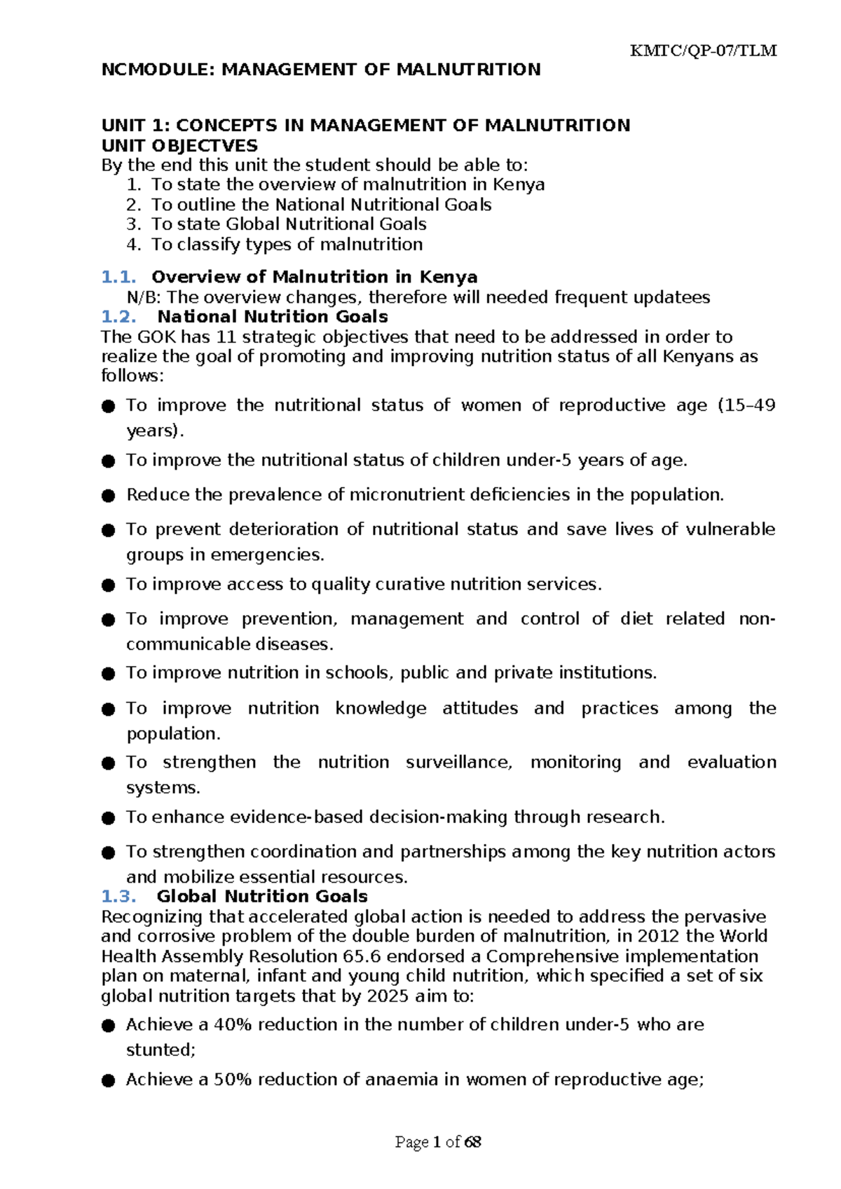 DIP MGT OF Malnutrition Manual EMBU ZERO Draft - KMTC/QP-07/TLM ...