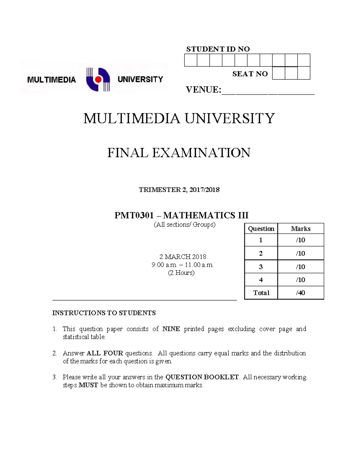 Past exam paper Set 2 - MULTIMEDIA UNIVERSITY FINAL EXAMINATION ...