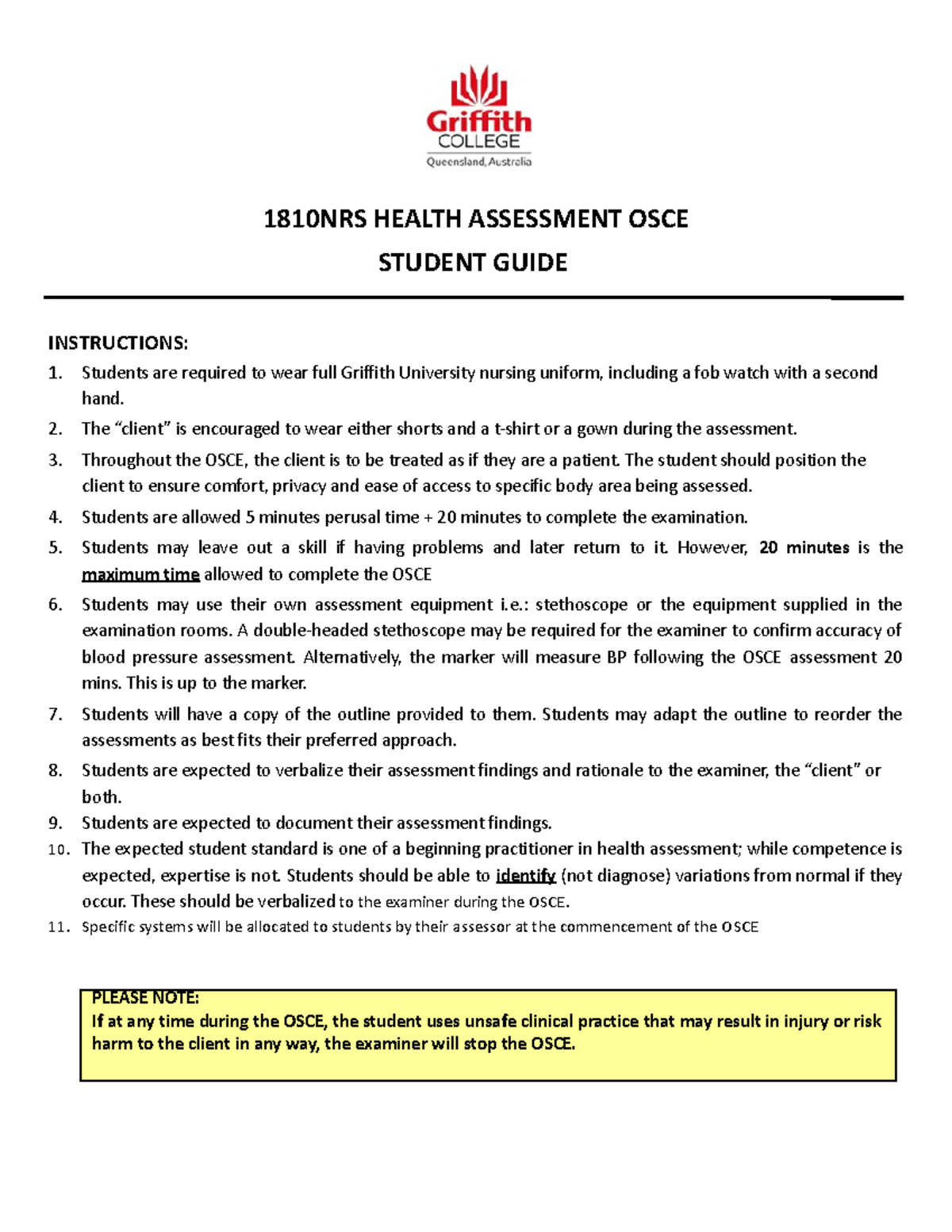 1810NRS OSCE Student Study Guide for OSCE - 1810NRS HEALTH ASSESSMENT ...