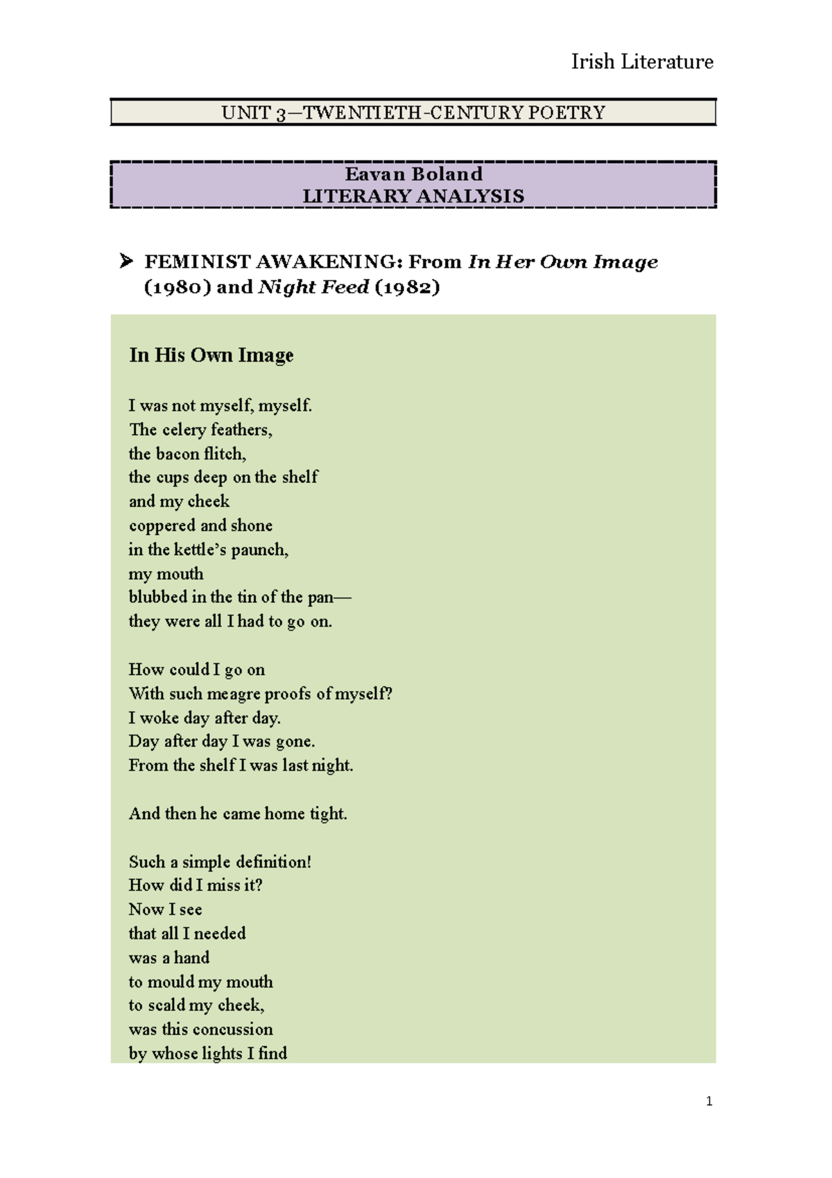 Literary Analysis- Eavan Boland - Irish Literature UNIT 3—TWENTIETH ...