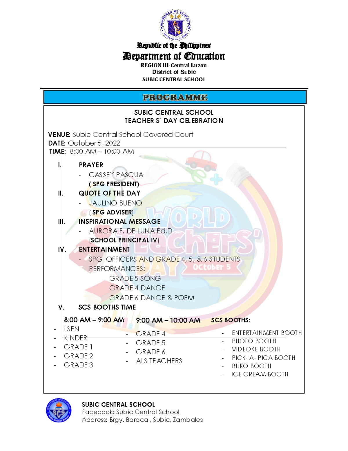 Scs teachers day prog - program - SUBIC CENTRAL SCHOOL Facebook: Subic ...