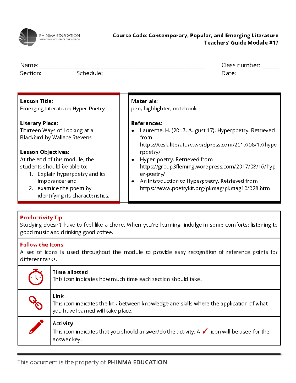 ENG 162 - Module 17 - Teachers’ Guide Module # Name: - Studocu