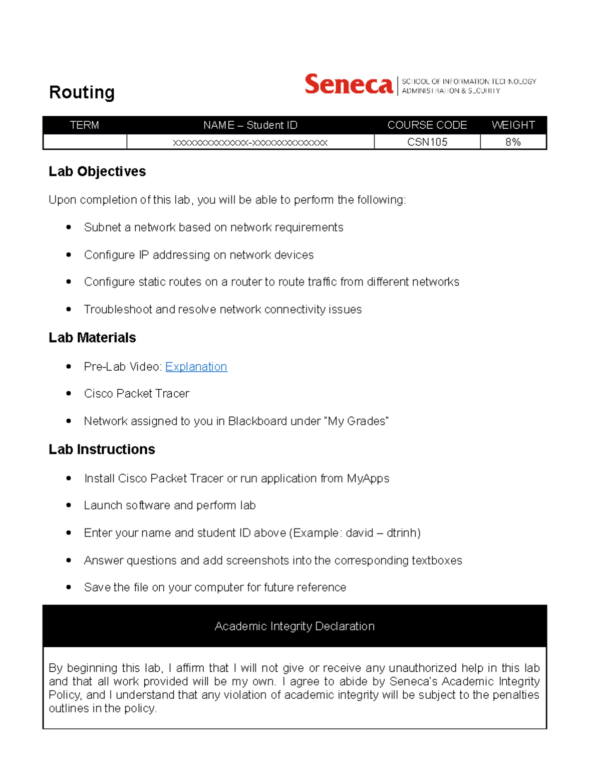 CSN105 Routing lab5.docx - Routing TERM NAME – Student ID COURSE CODE ...