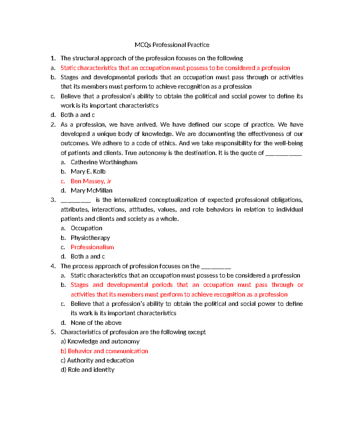 PP MCQ quiz - MCQs for Chapter 1, 3 and 4 of Professionalism in physical therapy - MCQs ...