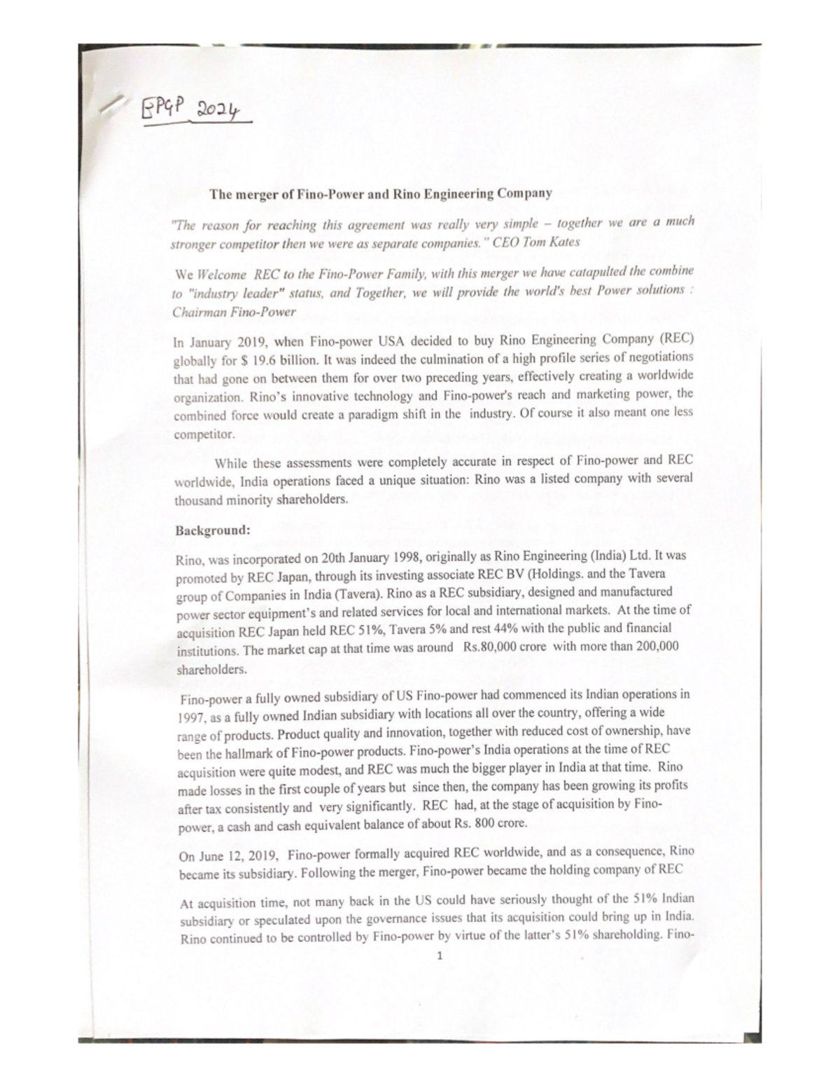The merger of Fino-Power and Rino Engineering Company - EPGP 2024 The ...