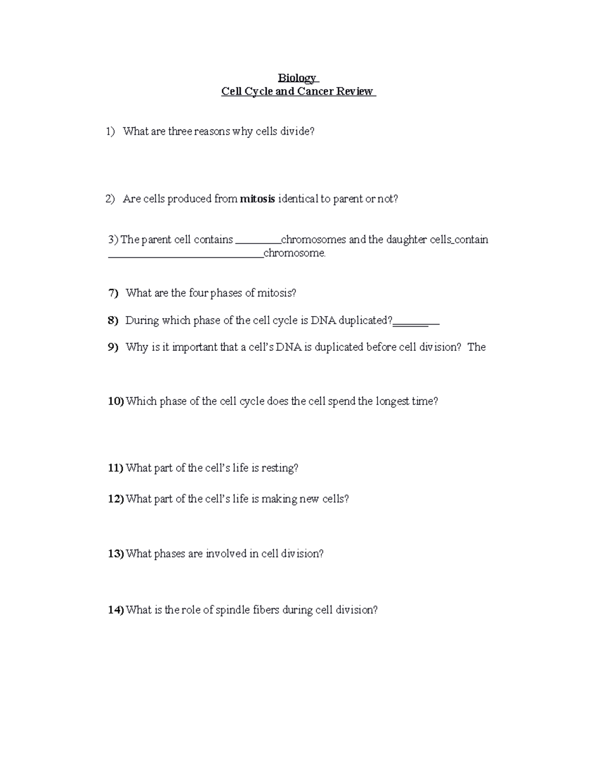 Chapter 12 Mitosis Review - Biology Cell Cycle and Cancer Review What ...