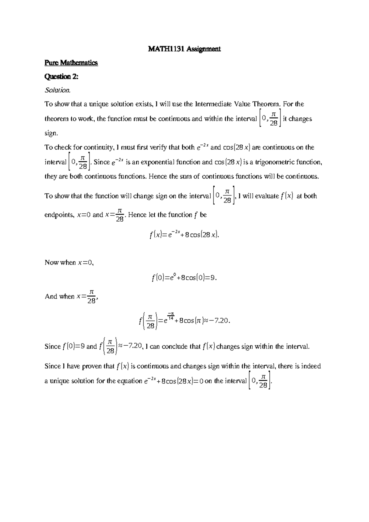 MATH1131 assignment - MATH1131 Assignment Pure Mathematics Question 2: Solution. To show that a ...