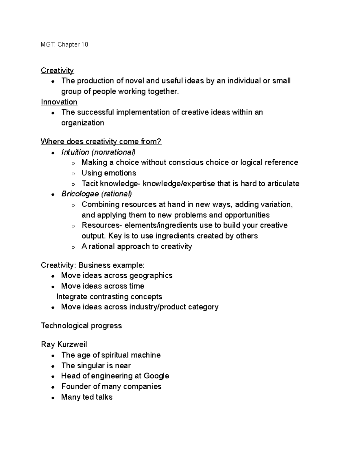 Untitled document - notes - MGT. Chapter 10 Creativity The production ...