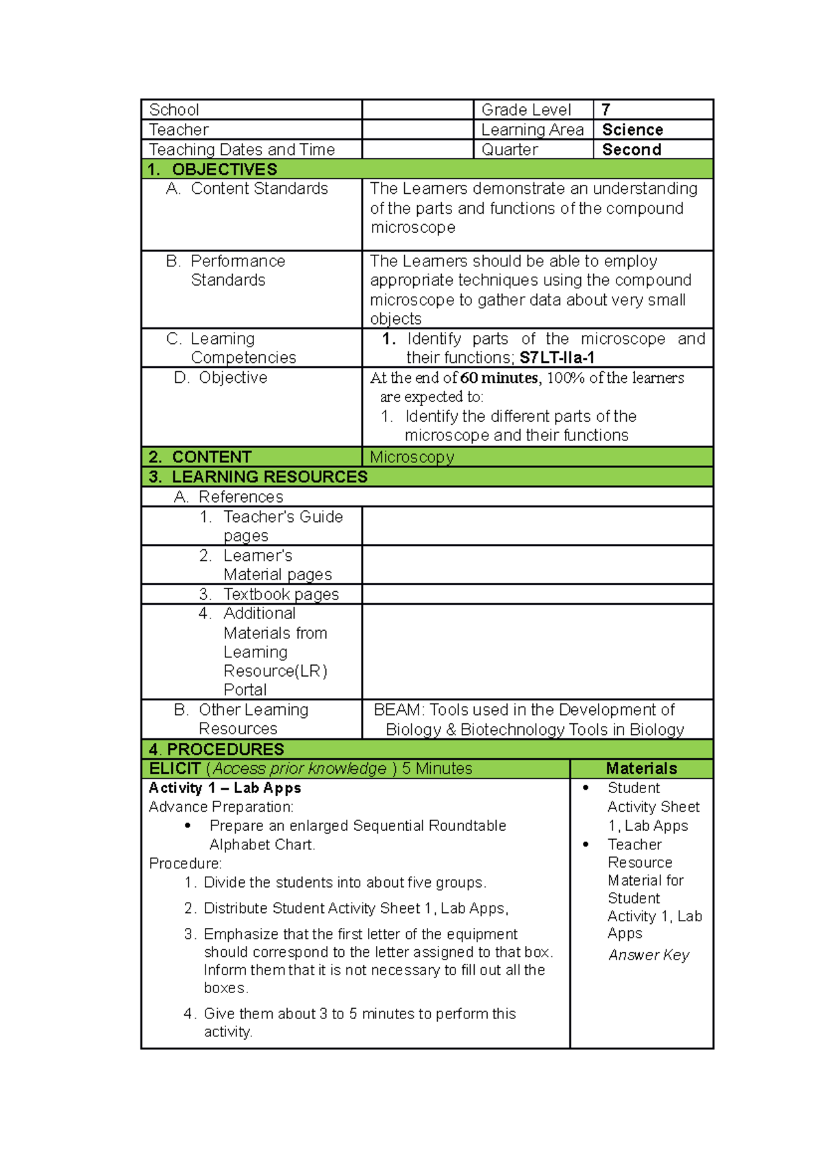 S7 lesson plan microscope - School Grade Level 7 Teacher Learning Area ...