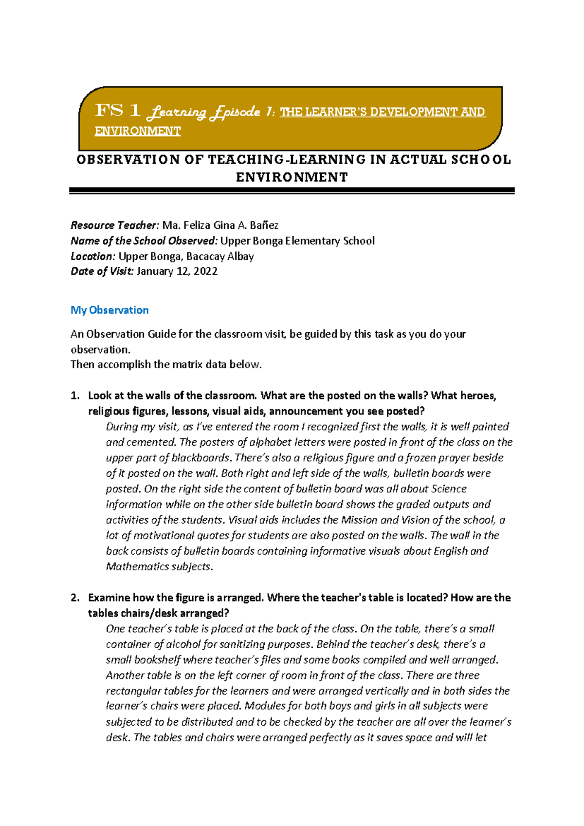 My Field Study Experience FS1 - OBSERVATION OF TEACHING-LEARNING IN ...