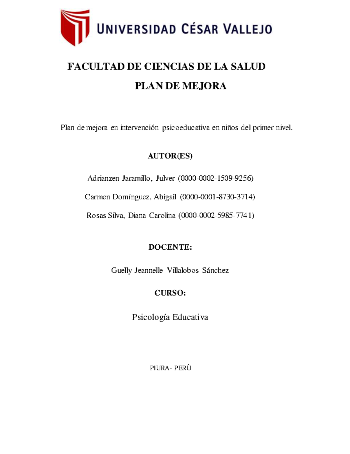 PLAN DE Mejora Oficial Grupo 7 Terminado PARA Subir ( Listo) - FACULTAD ...