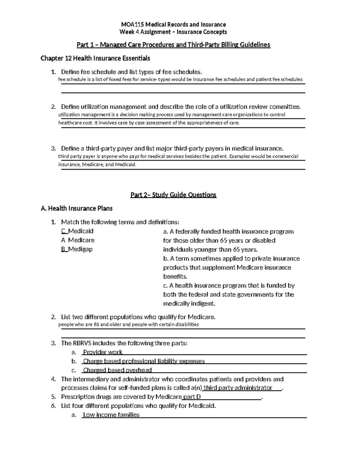 Week 4 Assignment Worksheet - MOA115 Medical Records and Insurance Week 4 Assignment – Insurance ...