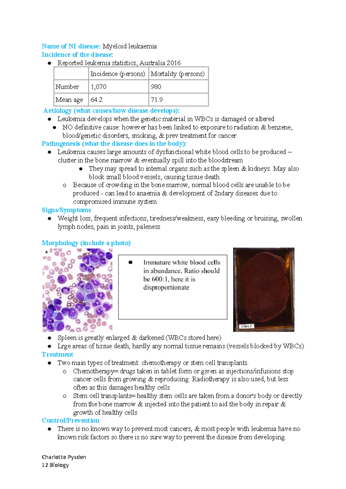 2019 BIO Module 7 Depth Study Notes Leukemia - Name of NI disease ...