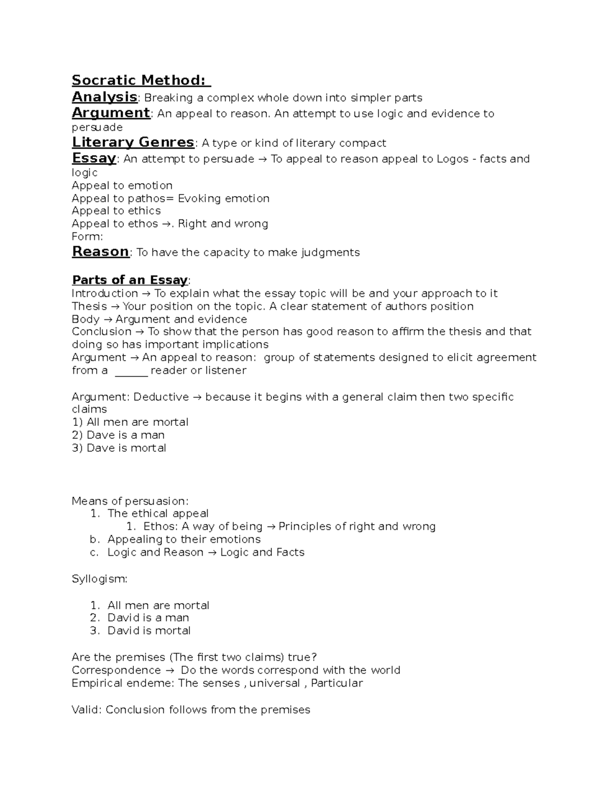 Lecture Notes, English - Socratic Method: Analysis: Breaking a complex ...