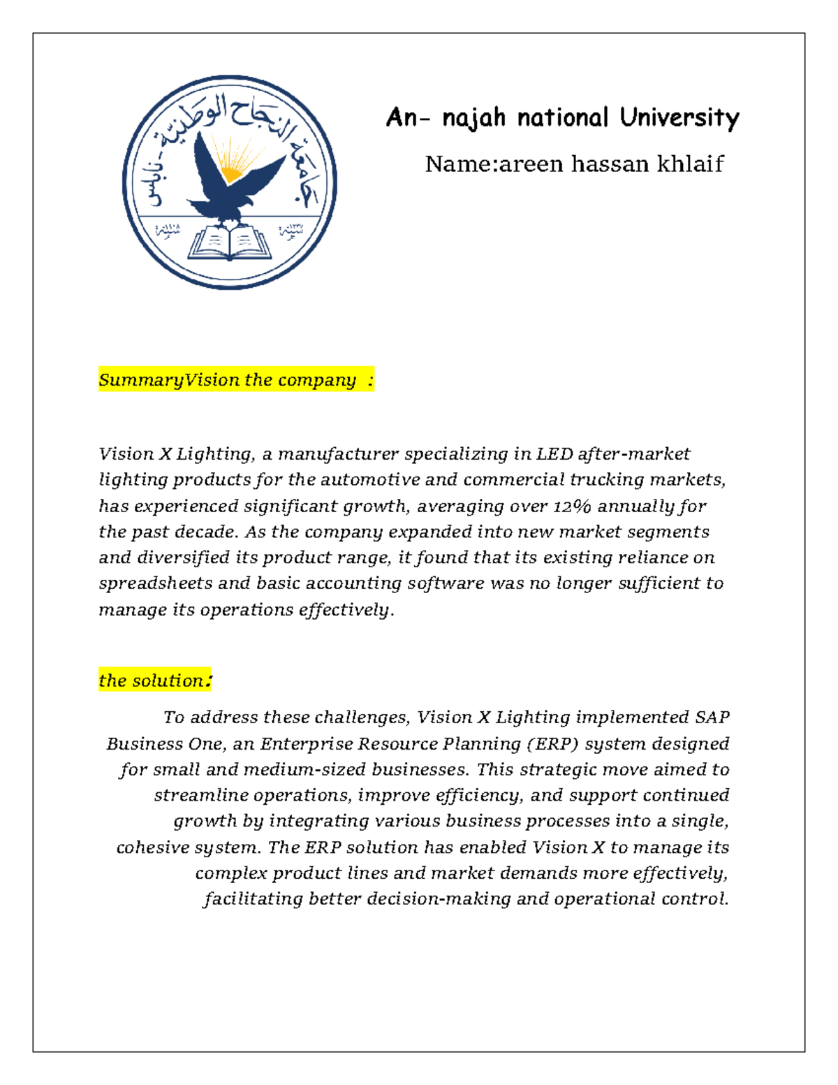 تقرير mis - An- najah national University Name:areen hassan khlaif ...