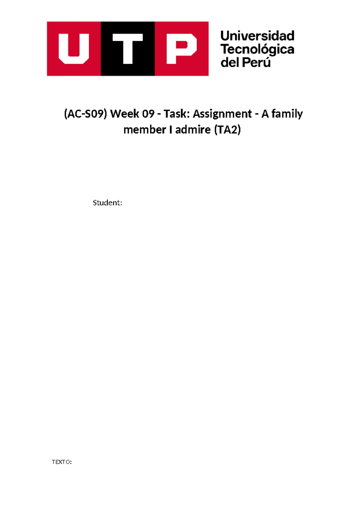 Ingles Semana 9 - (AC-S09) Week 09 - Task: Assignment - A family member I admire (TA2) - Studocu