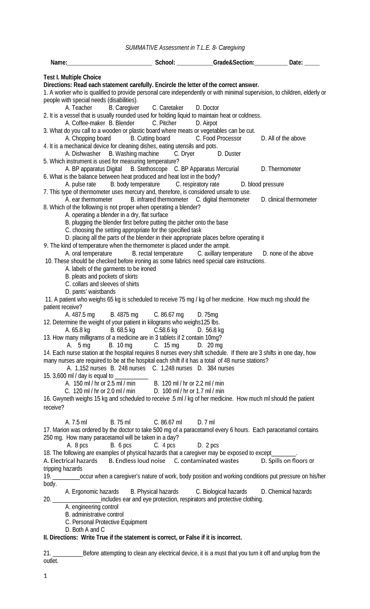 3rd Quarter Exam in TLE Caregiving - SUMMATIVE Assessment in T.L. 8 ...