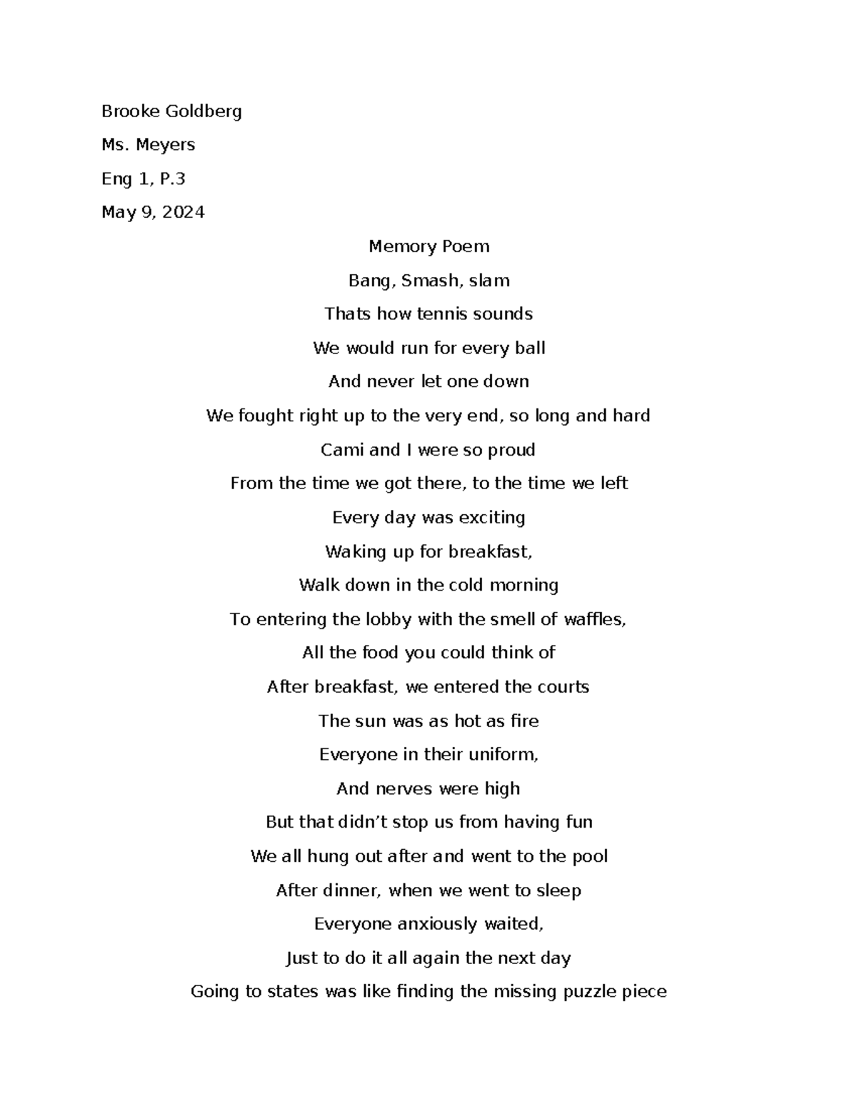 Memory poem - class work - Brooke Goldberg Ms. Meyers Eng 1, P. May 9 ...