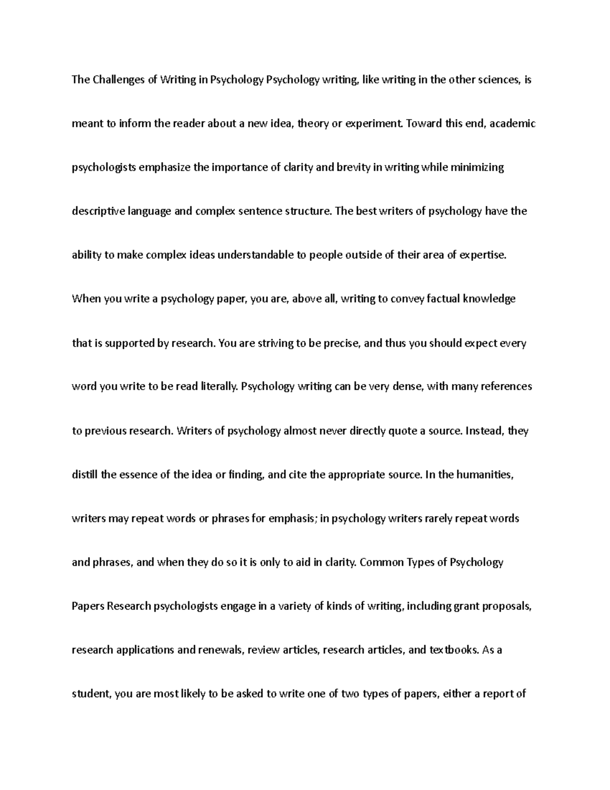 P1 - Notes - The Challenges of Writing in Psychology Psychology writing ...