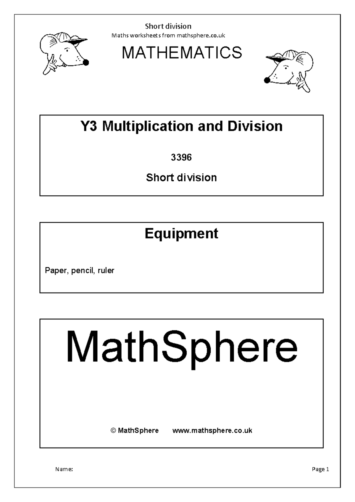 Year 3 2 short division 1 - Maths worksheets from mathsphere.co ...
