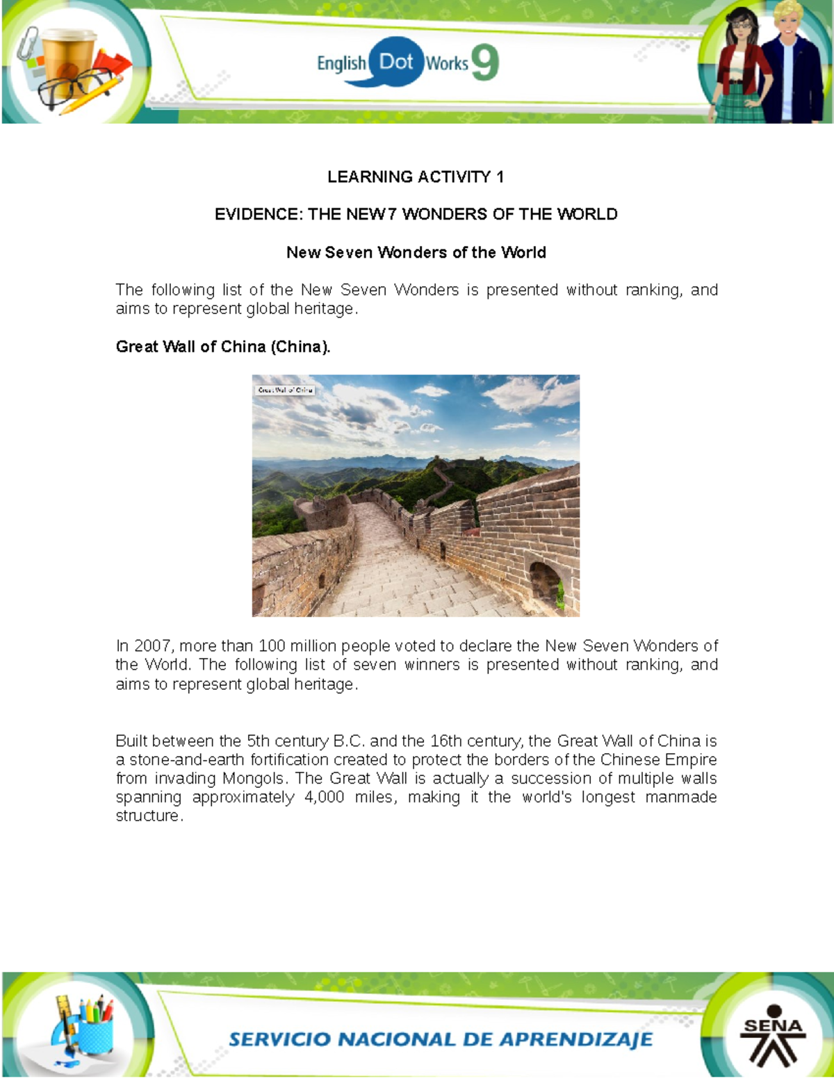 Learning Activity 1 Evidence the New 7 Wonders of the World - LEARNING ...
