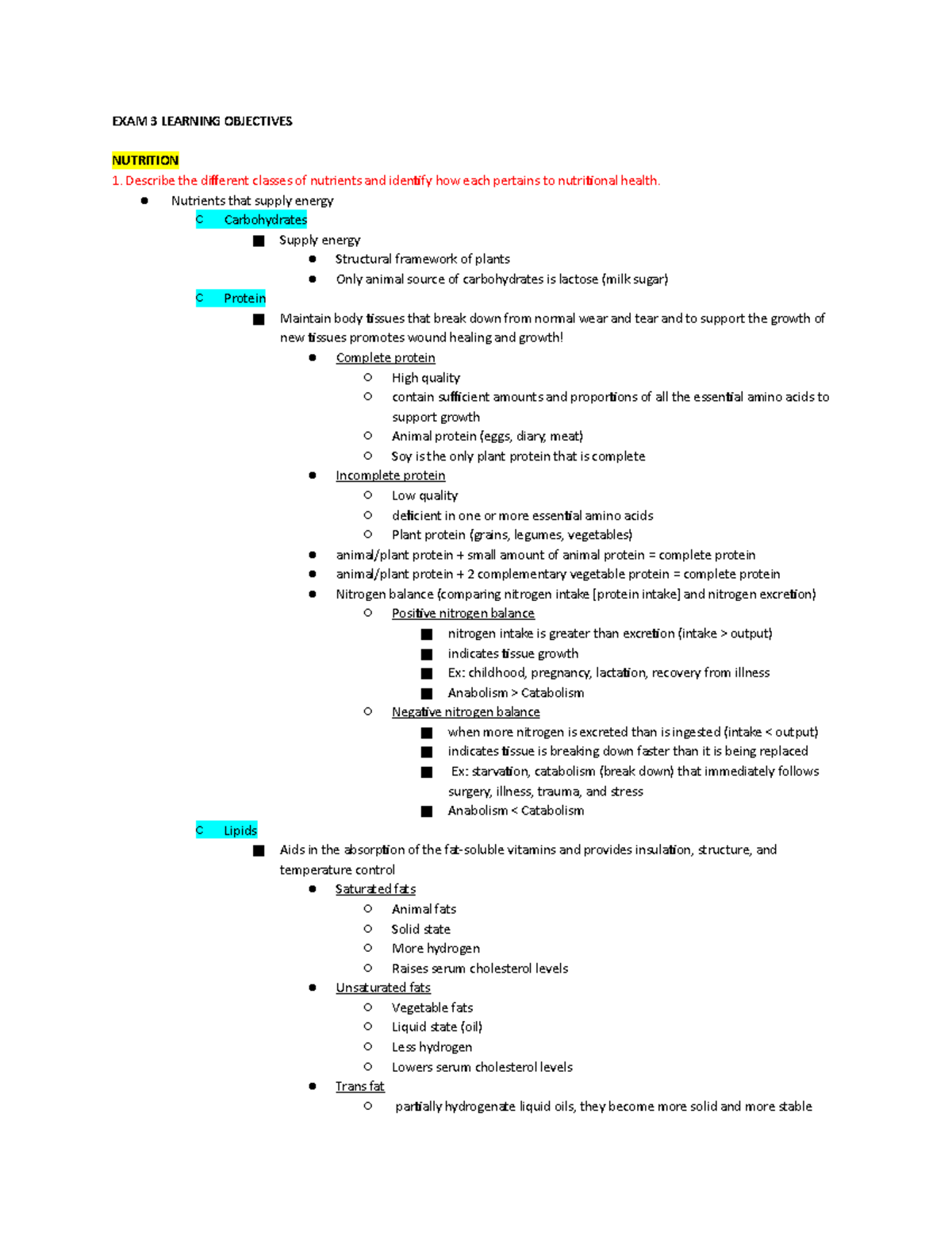 Exam 3 Learning Objectives - EXAM 3 LEARNING OBJECTIVES NUTRITION ...