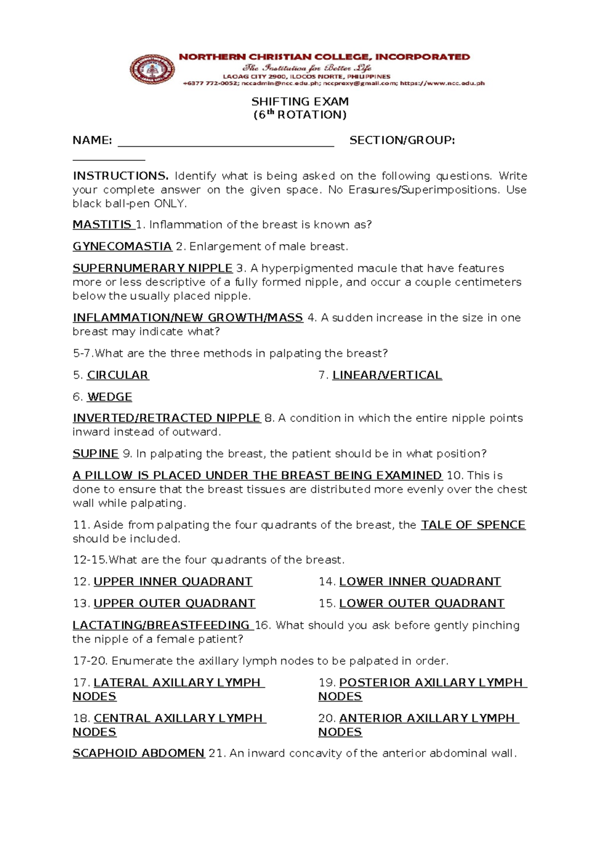 Shifting EXAM 6TH Rotation Answer KEY - SHIFTING EXAM (6th ROTATION ...