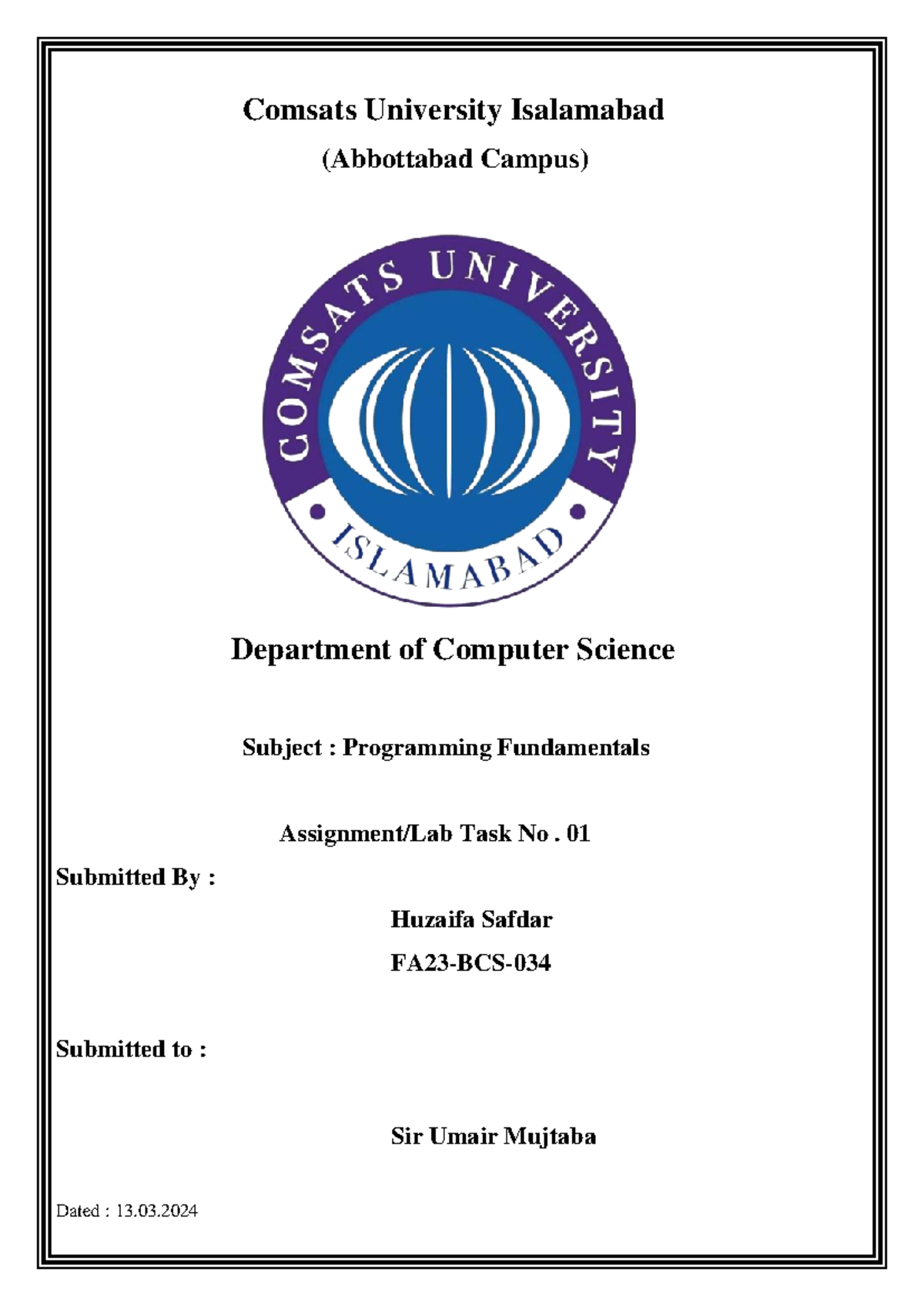 Programming fundamntal lab task No - Comsats University Isalamabad (Abbottabad Campus ...