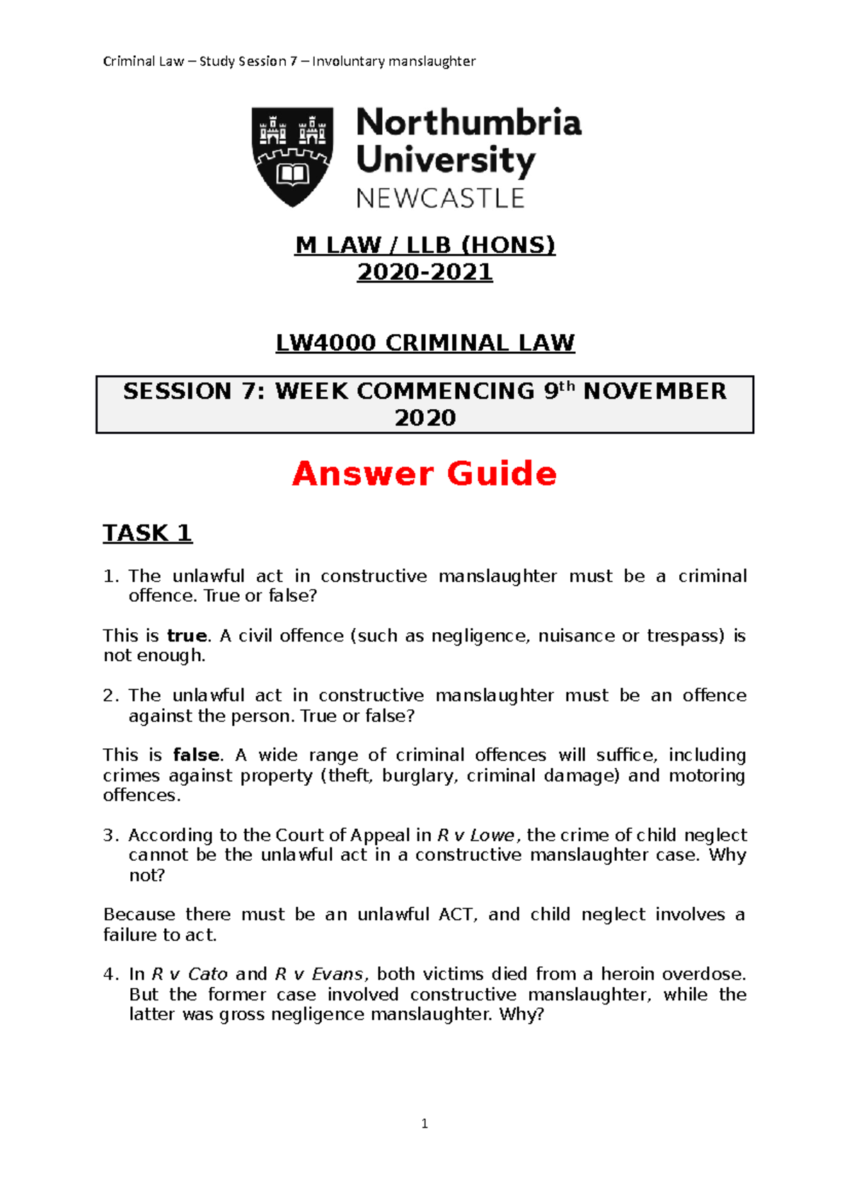 Session 7 - Week beginning 9th November Answer Guide - M LAW / LLB ...