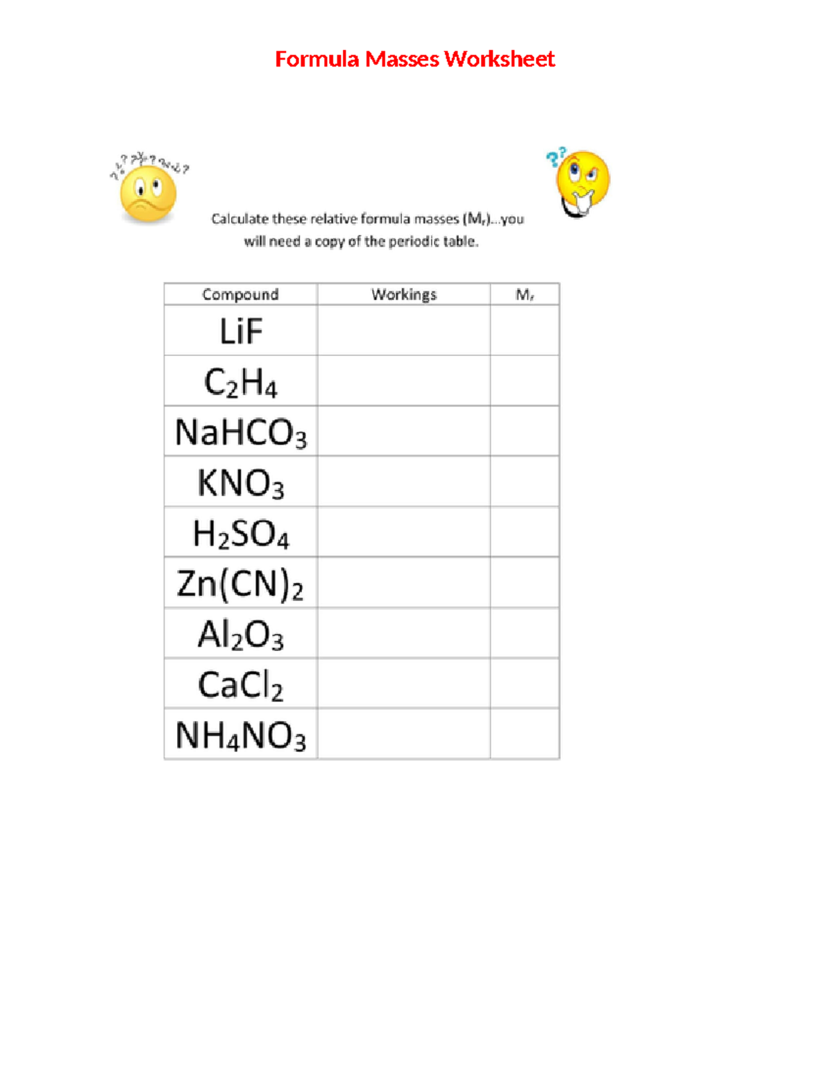 Formula Masses Worksheet - Industrial Chemistry - Studocu