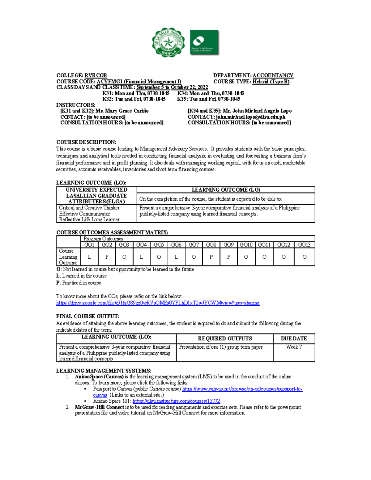Acyfmg 1 Syllabus Hybrid 22-23 - COLLEGE: RVRCOB DEPARTMENT: ACCOUNTANCY COURSE CODE: ACYFMG1 ...