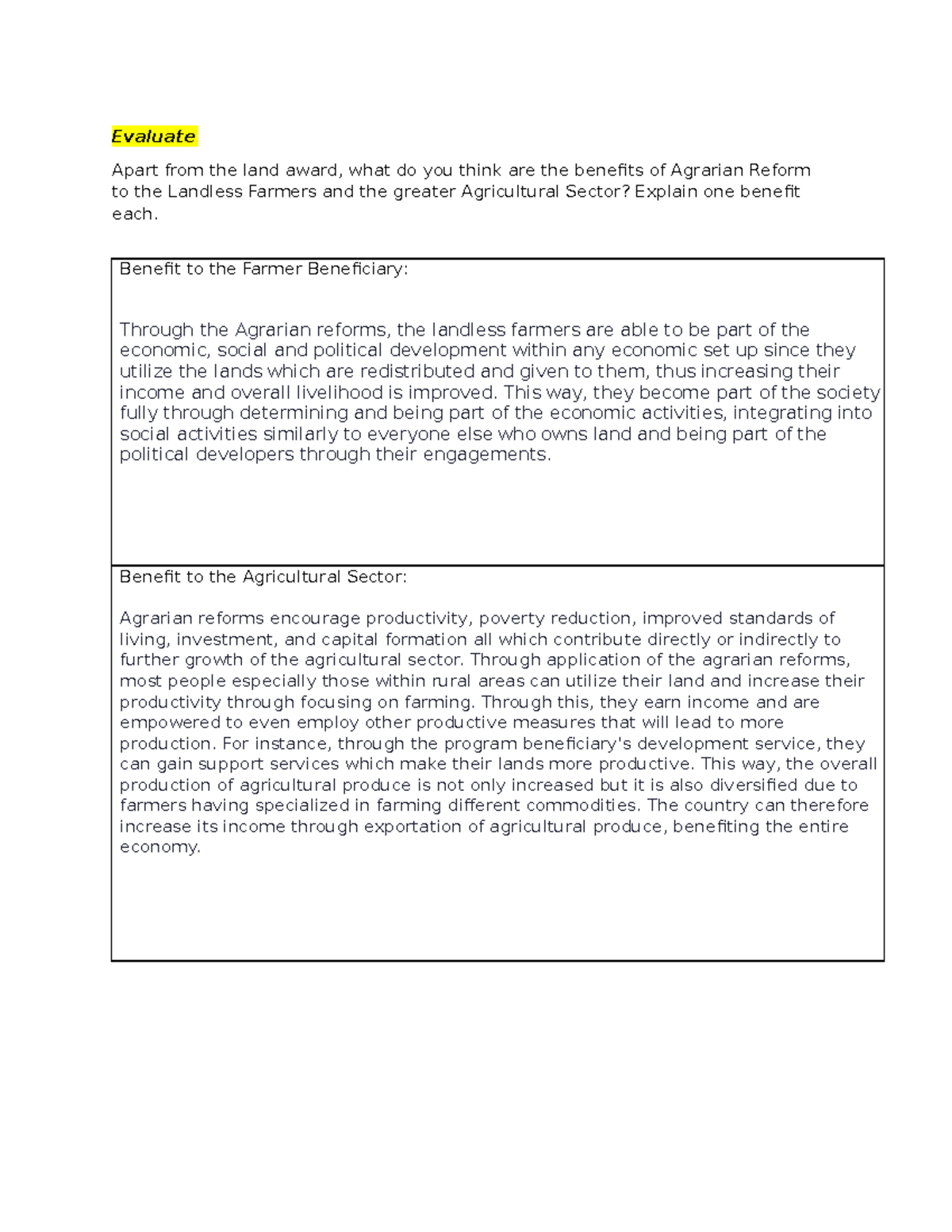 M3 U1 Evaluate - lecture notes about benefits of Agrarian Reform to the ...