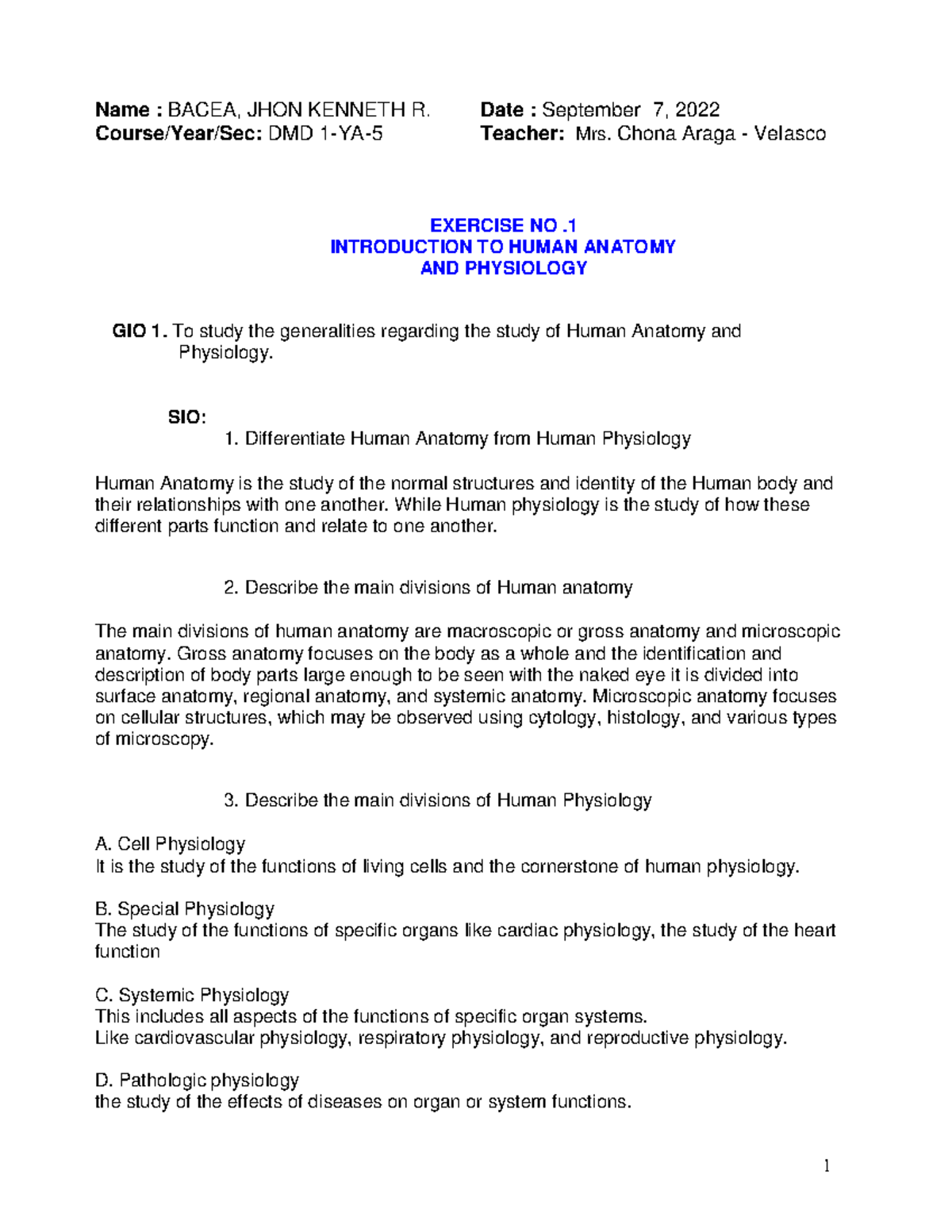 Intro TO ANA LAB Exercises - 1 EXERCISE NO. INTRODUCTION TO HUMAN ...