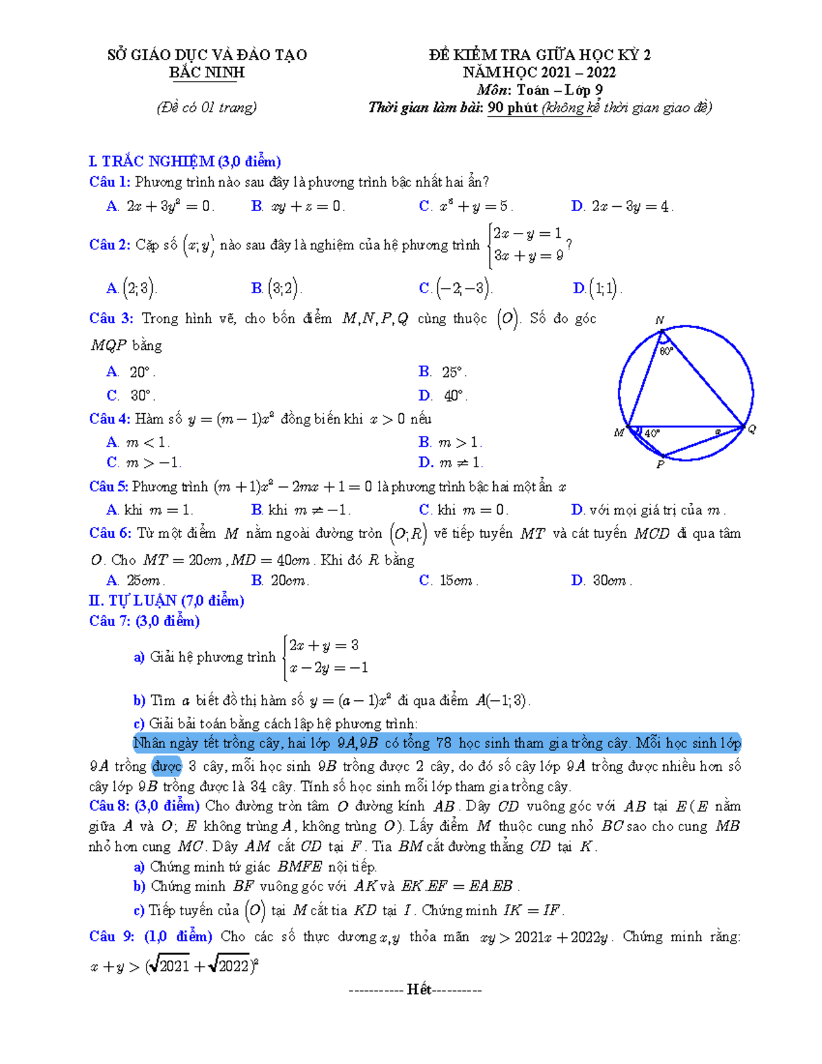 De kiem tra giua hoc ky 2 toan 9 nam 2021 2022 so gddt bac ninh - SỞ GIÁO DỤC VÀ ĐÀO TẠO BẮC ...