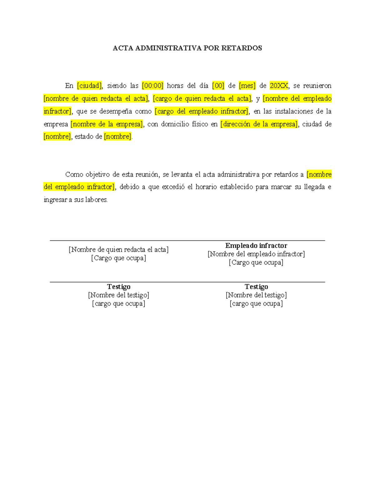 Formato de acta administrativa por retardos - ACTA ADMINISTRATIVA POR ...