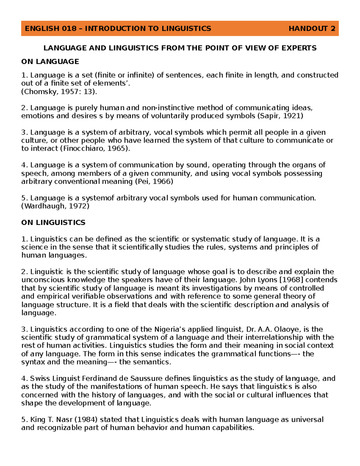 ENG 018 Lingusitics Definition Handout 2 - ENGLISH 018 – INTRODUCTION TO LINGUISTICS HANDOUT 2 ...