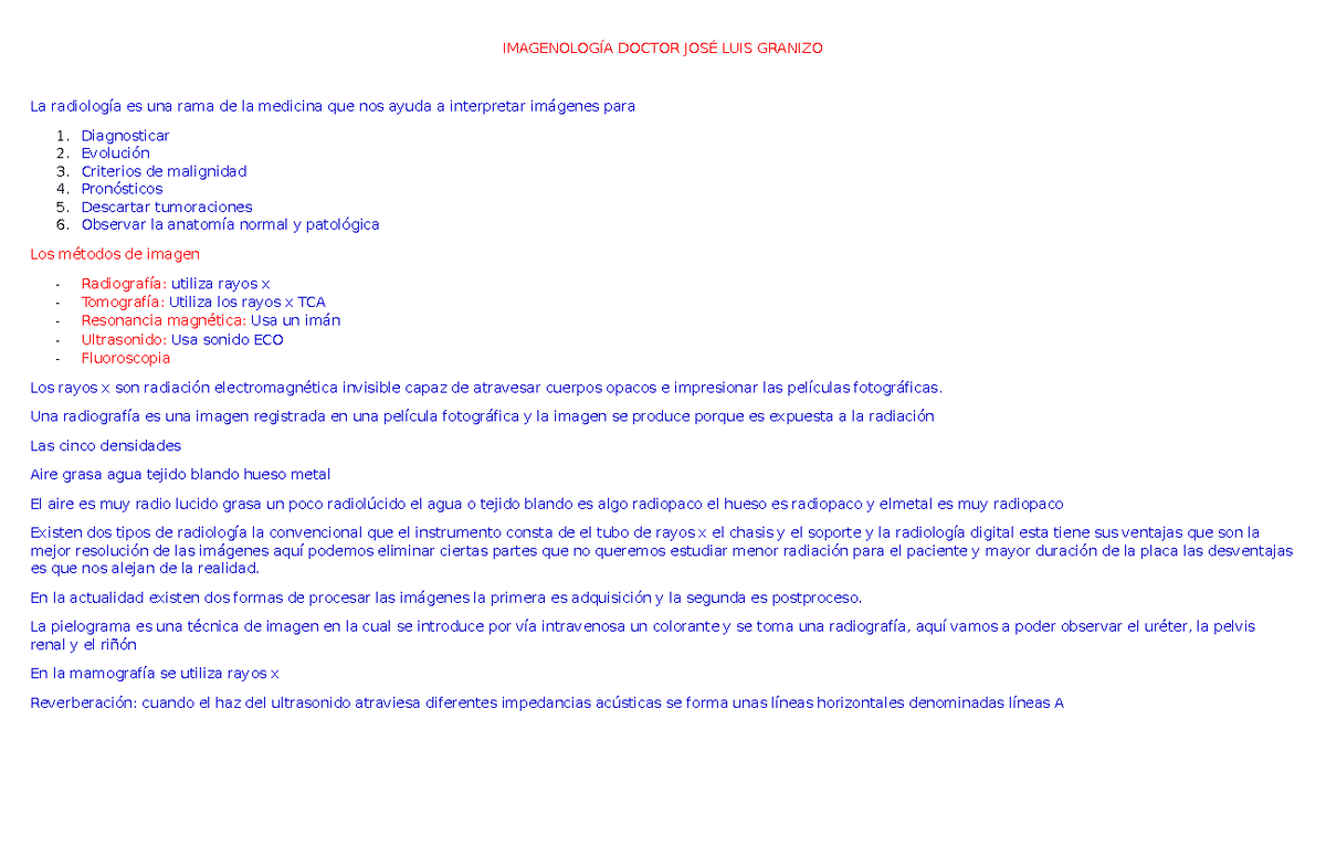 Resumen Imagenologia - IMAGENOLOGÍA DOCTOR JOSÉ LUIS GRANIZO La ...